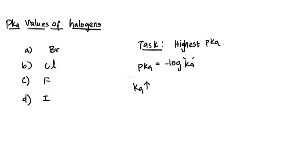 SOLVED: 6). Using the periodic table, which will have the highest pKa? Br 3 Cl - F d)