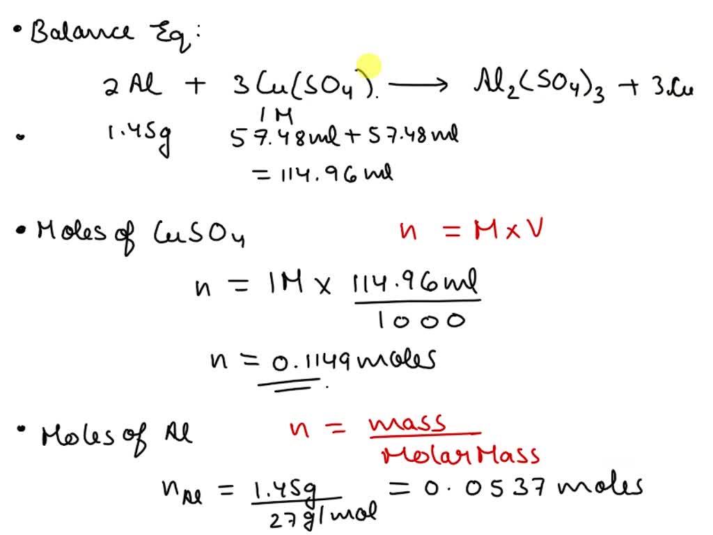 SOLVED: Balanced chemical equation: Volume of CuSO4 = 57.48 mL + 57.48 ...