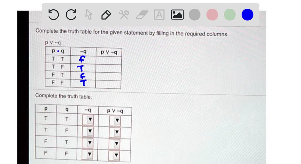 SOLVED: Question 3 Complete the truth table by filling in the required columns. p^(^())∼q able ...
