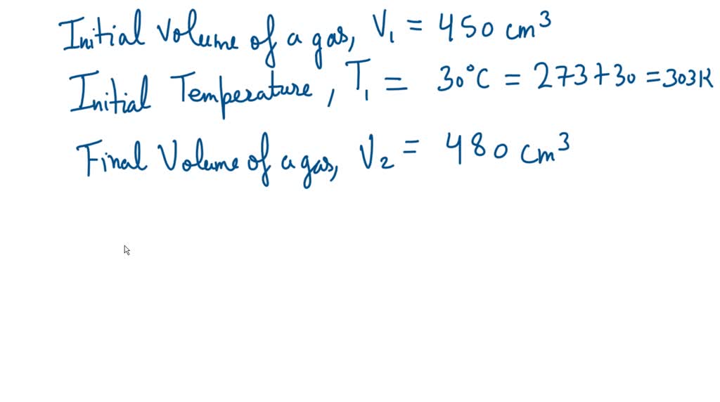 SOLVED: A gas occupies 450 cubic centimeters at 30 deg C. What ...