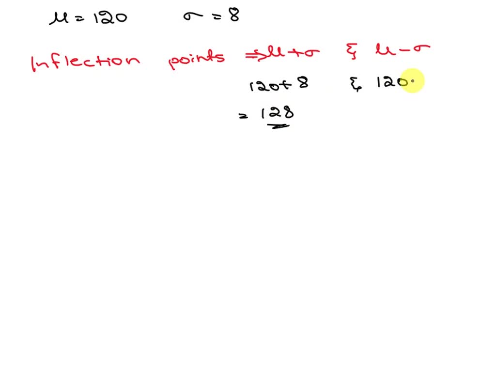 SOLVED: '3) Draw normal curve with / = 120 and = 8. Label the mean and the inflection points'