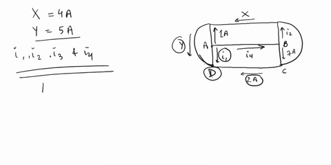 Determine i1, i2, i3, and i4 in the given figure. Consider X = 7 A and Y = 8 A. 1A Y A X i2 B i3 ...