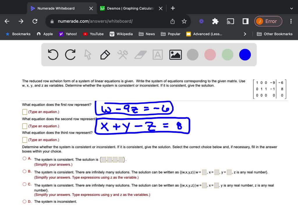 SOLVED: The reduced row echelon form of system of linear equations is given Write the system of ...