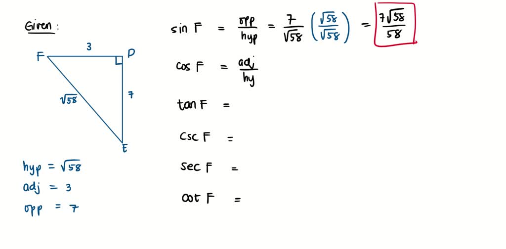 SOLVED: Given the triangle below with right angle D, compute the sin, cos,tan, CsC, sec, and cot ...