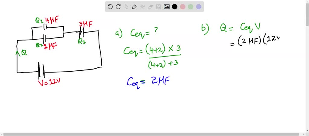 SOLVED: In the following circuit, determine the equivalent capacitance and the charge on each ...