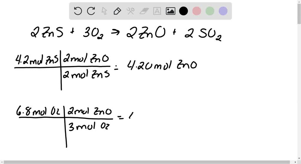 SOLVED: consider the following reaction 2 ZnS + 3 O2. 2 ZnO. + 2 SO2. A ...