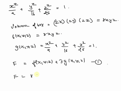 (1 point) Find the maximum volume of a rectangular box that can be inscribed in the ellipsoid (x ...