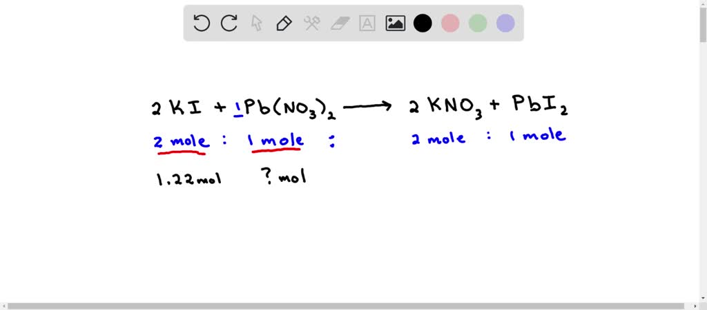 SOLVED: For the reaction Pb(NO3)2 + 2KI ==> PbI2 + 2KNO3, how many moles of lead (II) iodide are ...