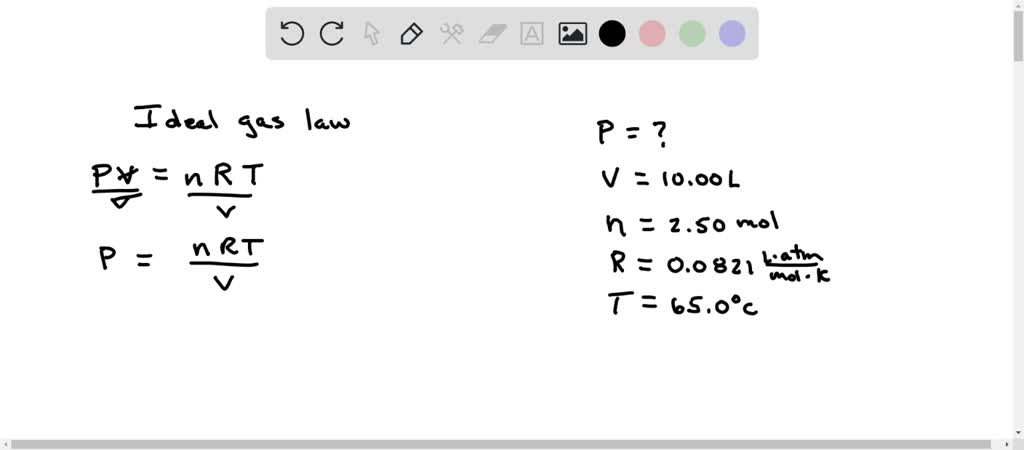 SOLVED: A sample of 2.50 mol of gas in a 10.00 L container is at 65.0 °C. What is the pressure ...
