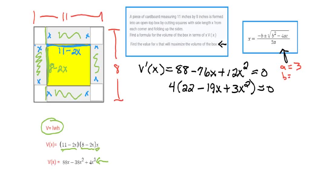 SOLVED: Let x represent the varying length of the side of the square cut-out in inches. Let l,w ...