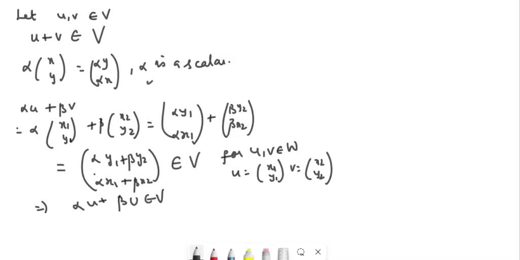 Let V be the set C? with the usual vector addition, but with scalar multiplication defined by ax ...