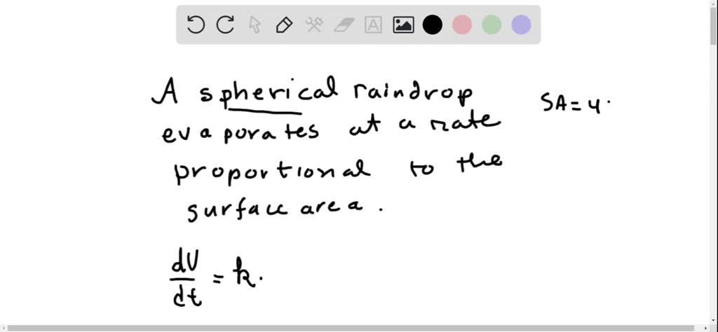 SOLVED: A spherical raindrop evaporates at a rate proportional to its ...