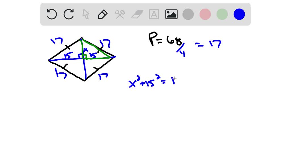 SOLVED: Given a Rhombus with two diagonals: 28 in. and 65 in , find the Area and Perimeter of ...