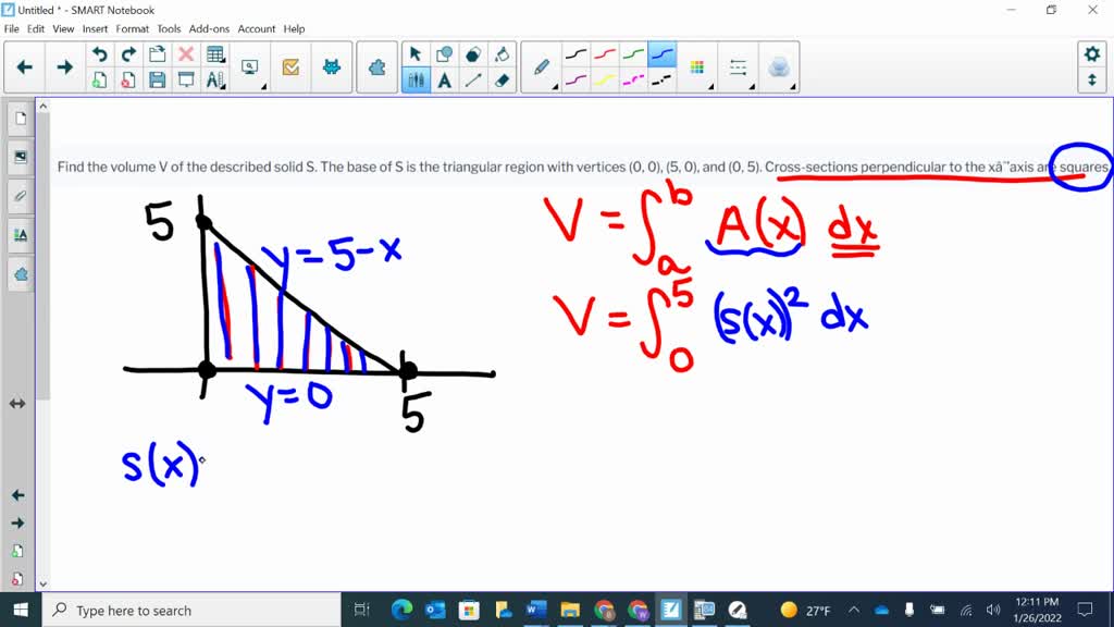 SOLVED: Find the volume V of the described solid S. The base of S is the triangular region with ...