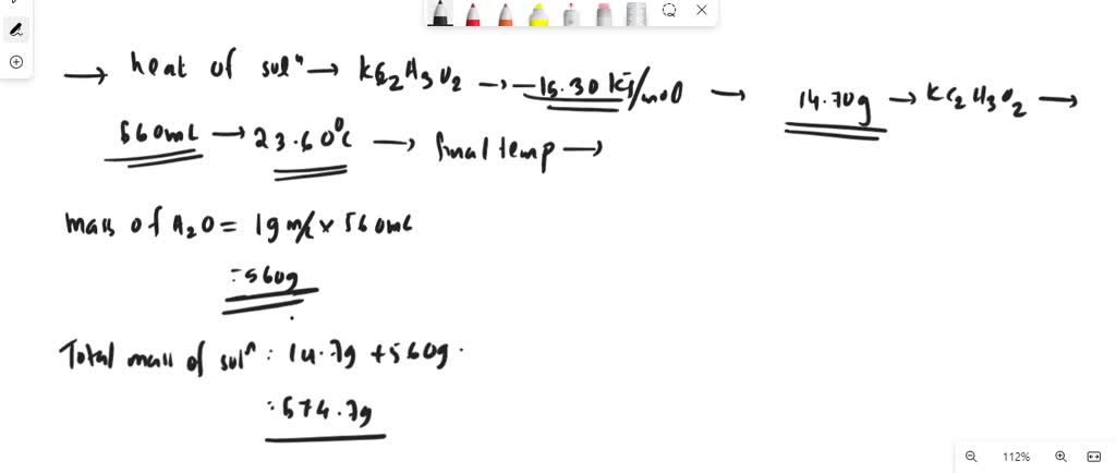 SOLVED: The heat of solution of potassium acetate (KC2H3O2) in water is ...