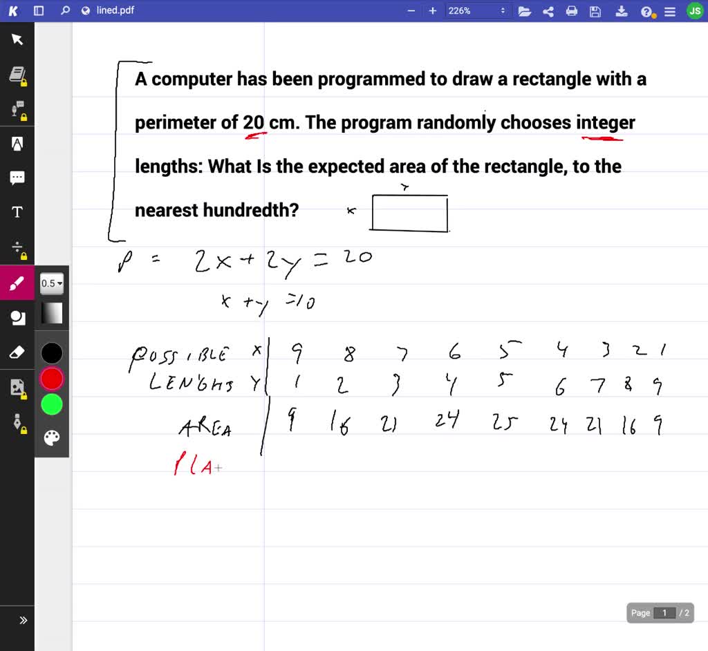 A computer has been programmed to draw a rectangle with a perimeter of 20 cm. The program ...