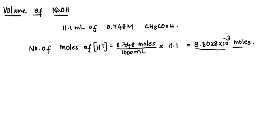 SOLVED: Calculate the volume of NaOH 0.50M needed to obtain a 1:1 acid:acetate ratio from 50mL ...