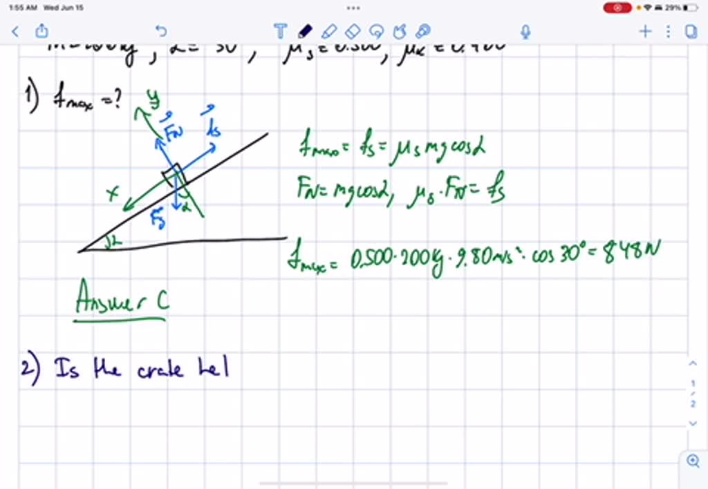 SOLVED: A 200 kg wooden crate sits on a wooden ramp inclined at an angle of 30°. What is the ...