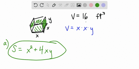 SOLVED: Consider a closed rectangular box with a square base with side x and height y: a. Find ...