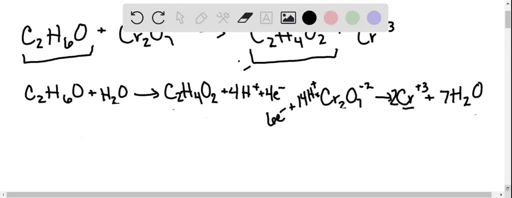 SOLVED: Use the oxidation number method to balance the following equation. Cr2O72-(aq) + C2H5OH ...
