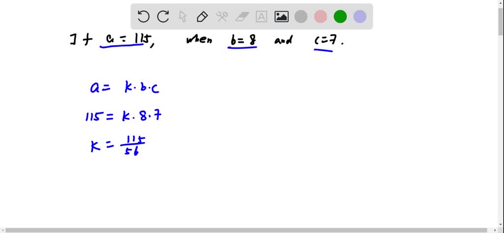 SOLVED: a is jointly proportional to the square of b and c. If a=371 ...