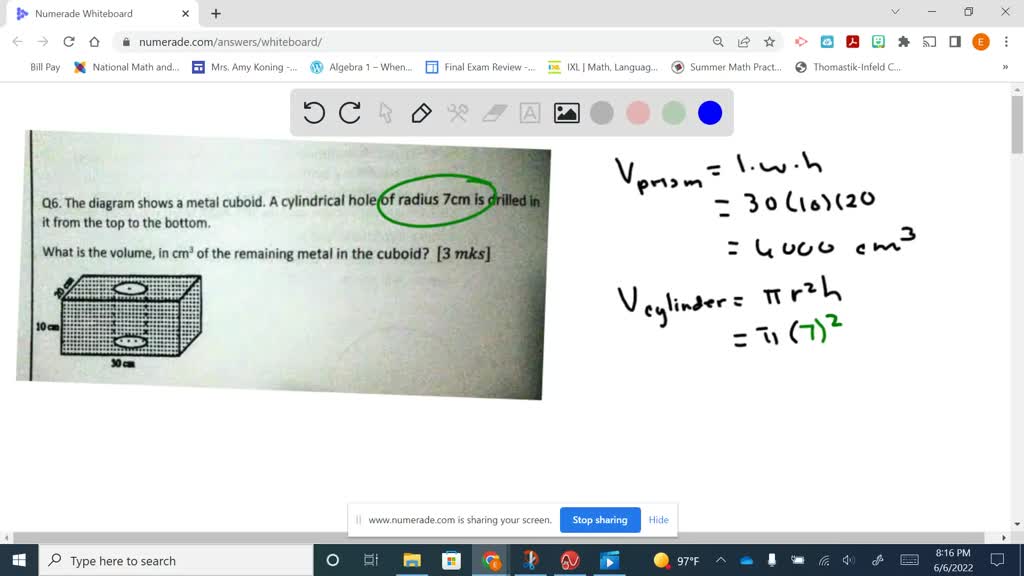 SOLVED: Q6. The diagram shows a metal cuboid. A cylindrical hole of ...