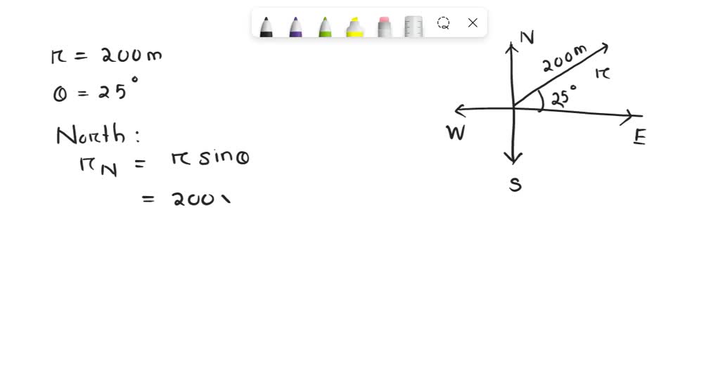 SOLVED: A hiker walks 25^∘ north of east for 200 m. How far north and ...