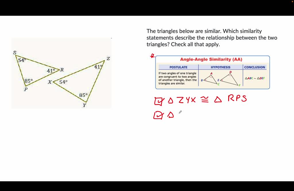 SOLVED: 'The triangles below are similar. Which similarity statements describe the relationship ...