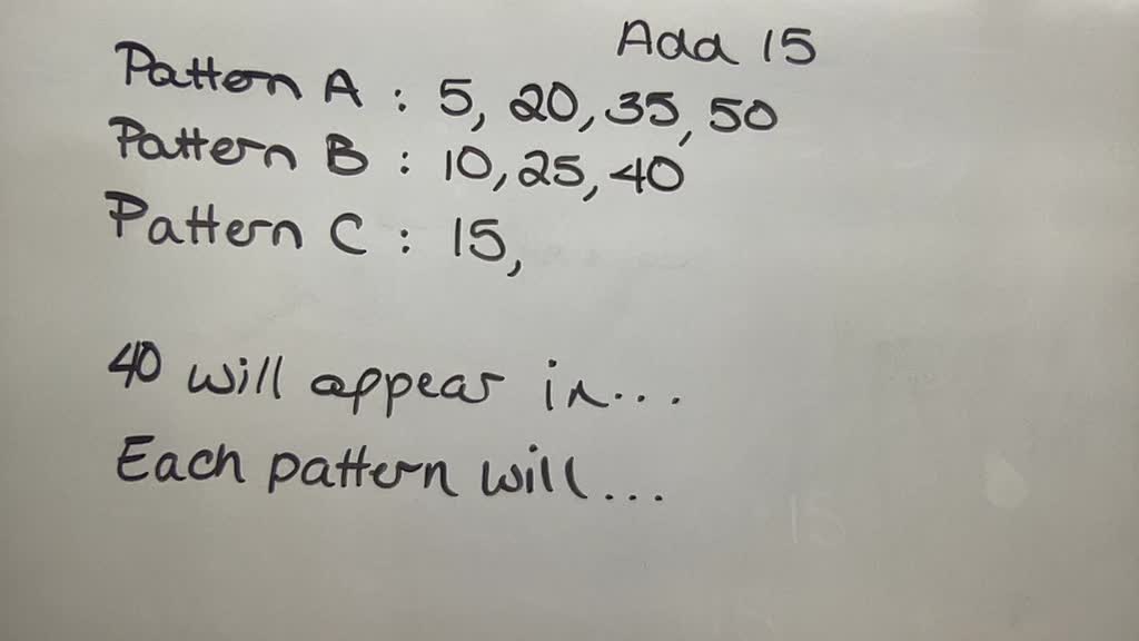 SOLVED: Tricia is going to write Patterns A, B, and C using the rule "add 15". The first number ...