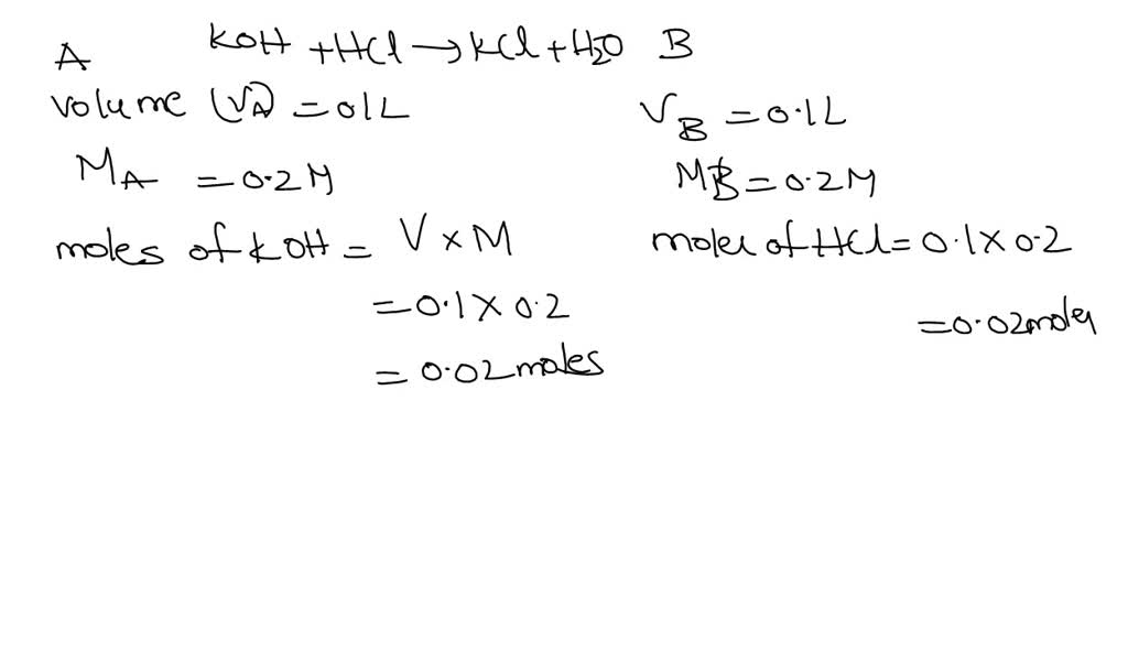 SOLVED: 64. Beaker A contains 0.100-L of a 0.20 M KOH solution; beaker ...