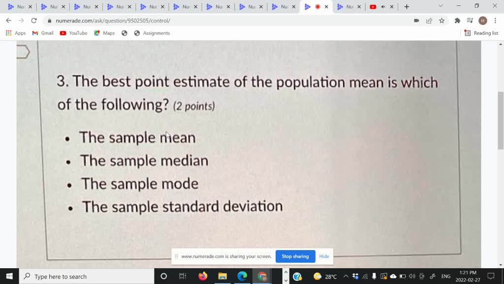 Solved Question 2 1 Point Which Of The Following Sample Statistics Is Used To Estimate The