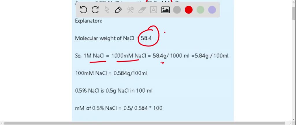SOLVED: The M.W. of NaCl is 58.4. Hence, 0.5% NaCl is equivalent to mM ...