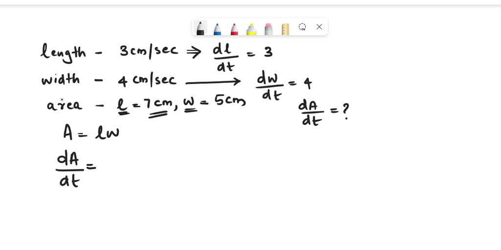 SOLVED: The length of a rectangle is increasing at a rate of 3 cm/s and ... SOLVED: The length of a rectangle is increasing at a rate of 3 cm/s and ...