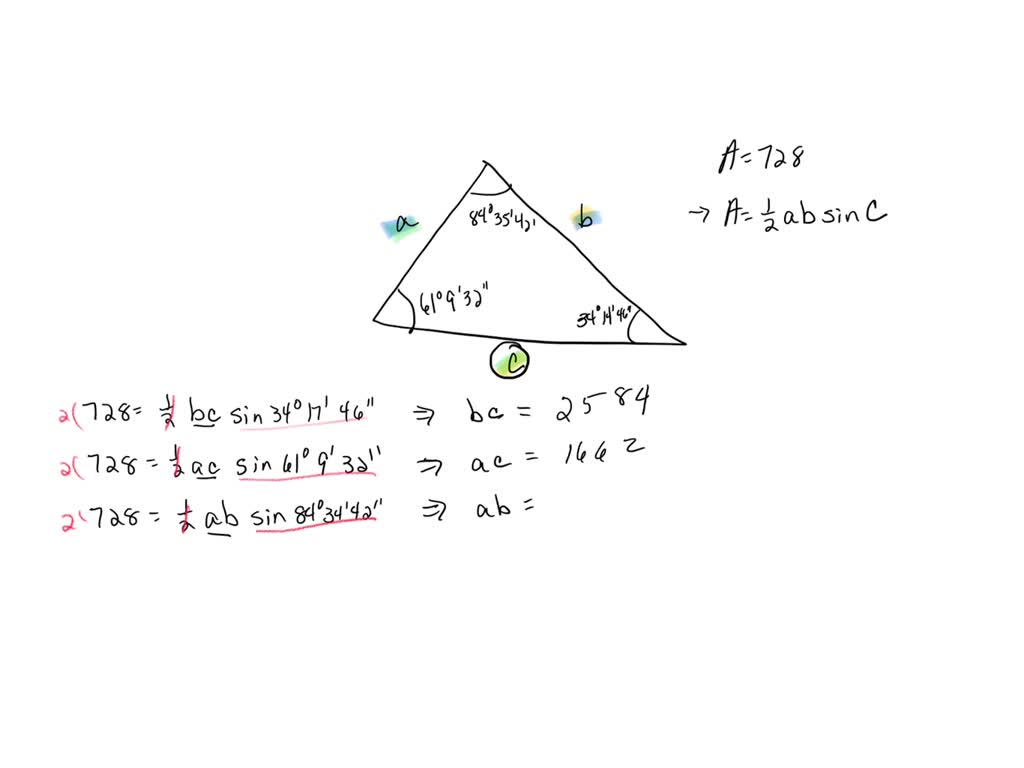 9. The area of the triangle whose angles are 61°9’32”, 34°14’46”, and 84°35’42” is 728. the ...