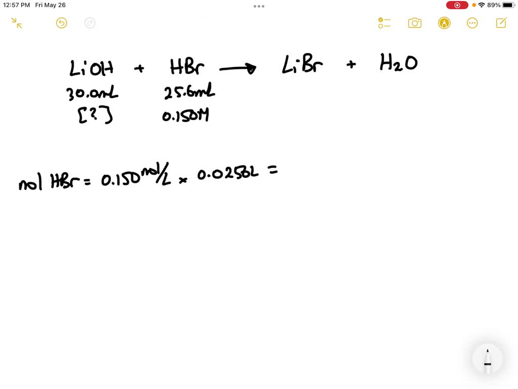 SOLVED: A 30.0 mL solution of LiOH is neutralized with 25.6 mL of 0.150 M HBr: What is the ...