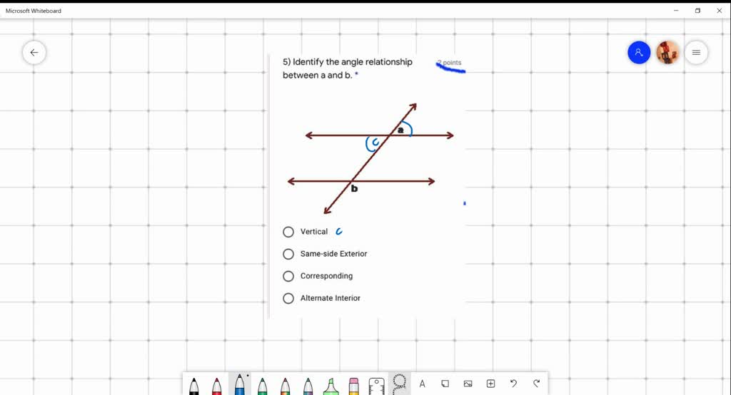 SOLVED: 5) Identify the angle relationship between a and b. points ...