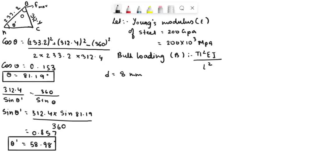 The frame shown is pinned at points A, B, and C. A single downward ...