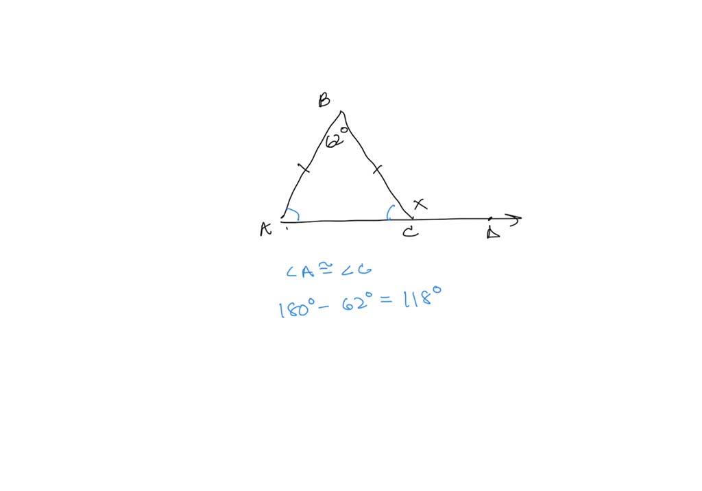 SOLVED: Given triangle ABC with âˆ MB = 62 degrees and side AC extended to D as shown below ...