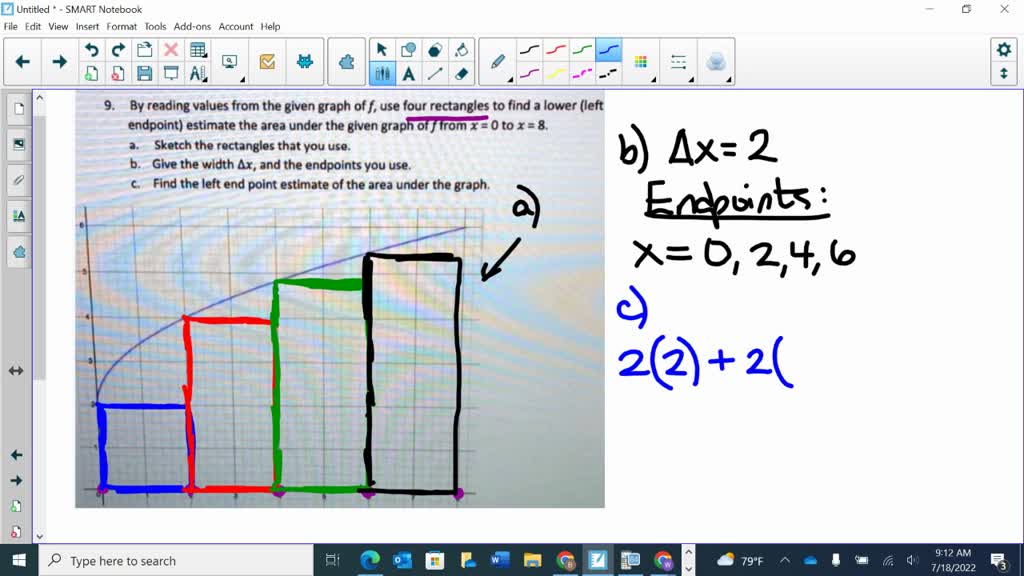 SOLVED: By reading values from the given graph of f, use four rectangles to find a lower (left ...
