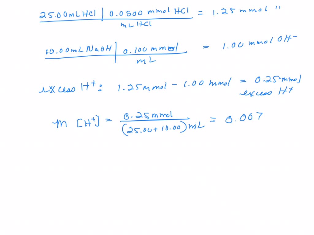 SOLVED: Consider the titration of 25.00 mL of 0.0500 M HCI with O.100 M NaOH. Calculate the pH ...