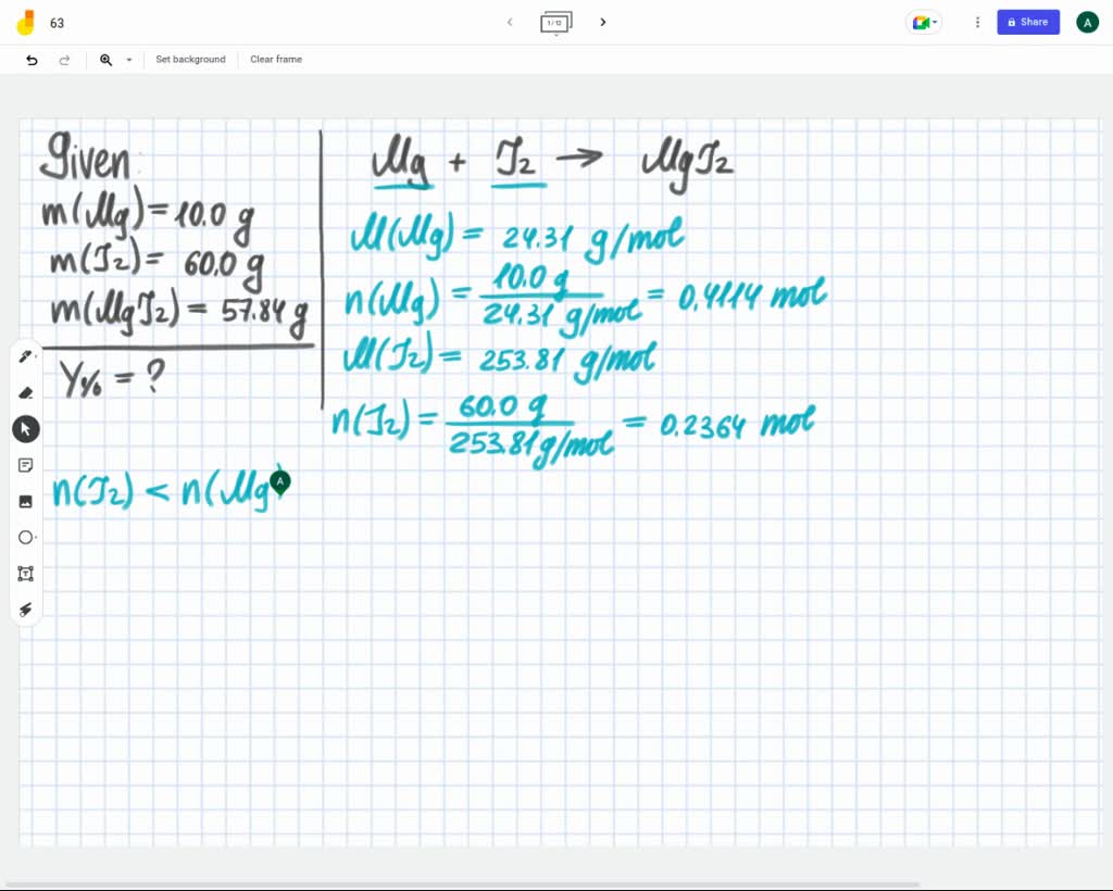 SOLVED: In this reaction: Mg (s) + I₂ (s) → MgI₂ (s), if 10.0 g of Mg ...