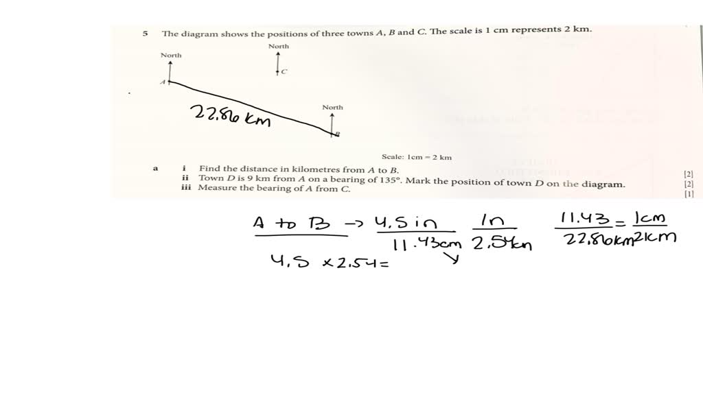 SOLVED: 5 The diagram shows the positions of three towns A, B and C ...