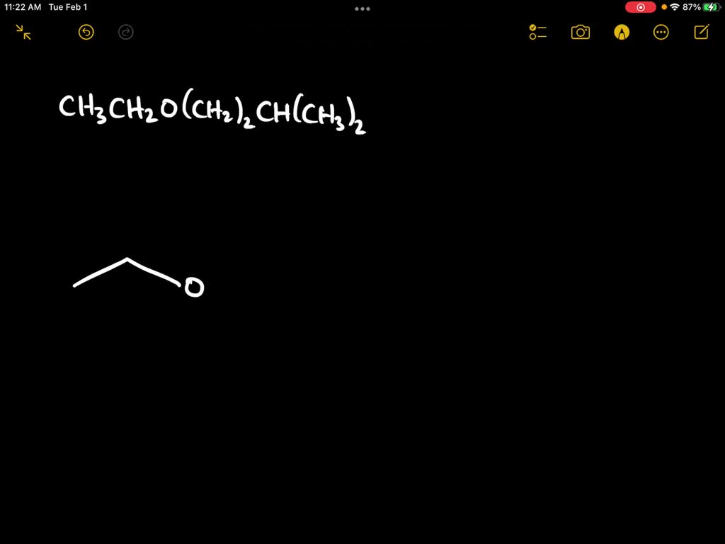 SOLVED: Draw a bond-line structure for CH3CH2O(CH2)2CH(CH3)2. Include ...