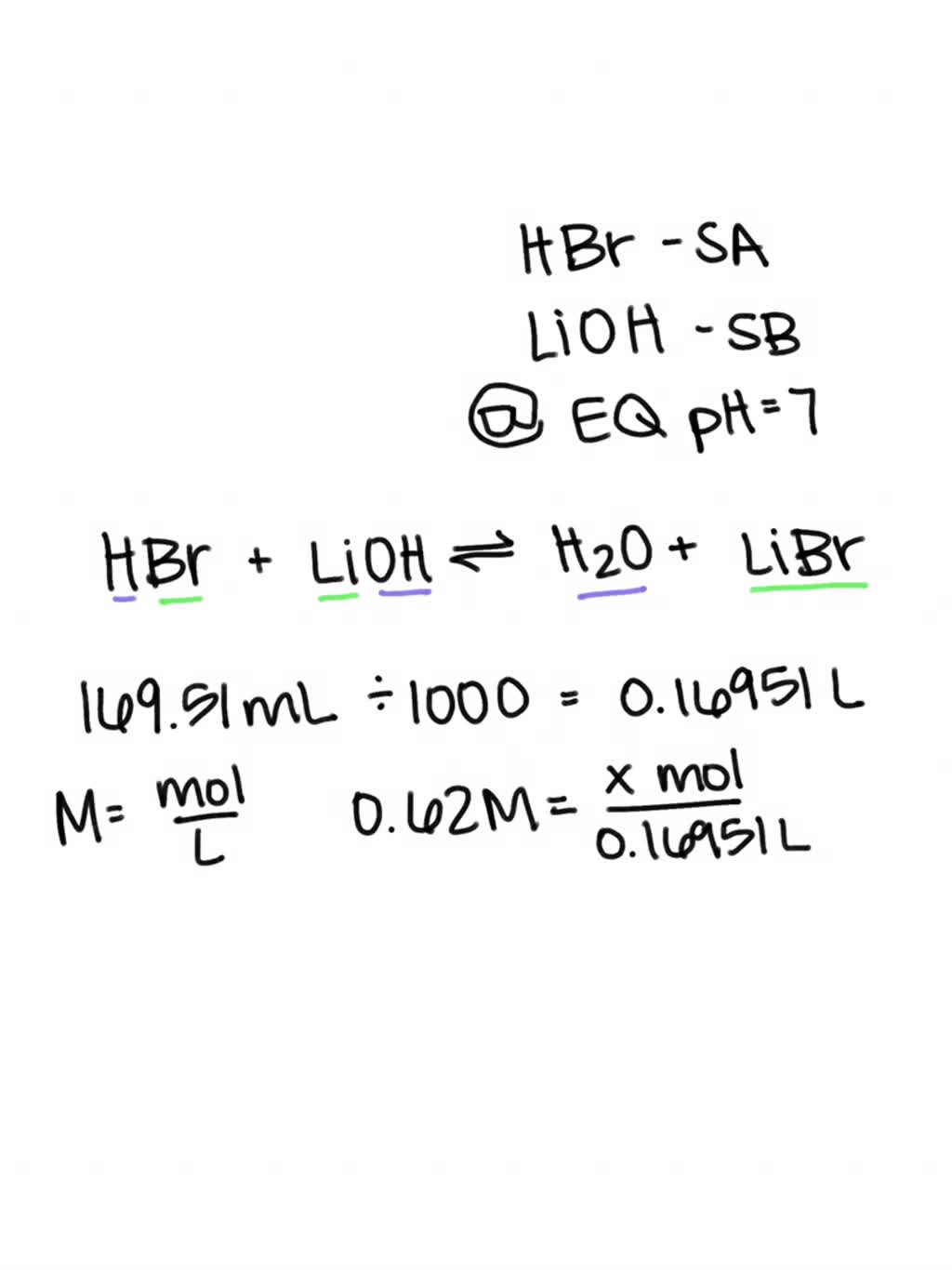 SOLVED: A sample of LiOH is titrated with HBr Determine the pH of tne ...