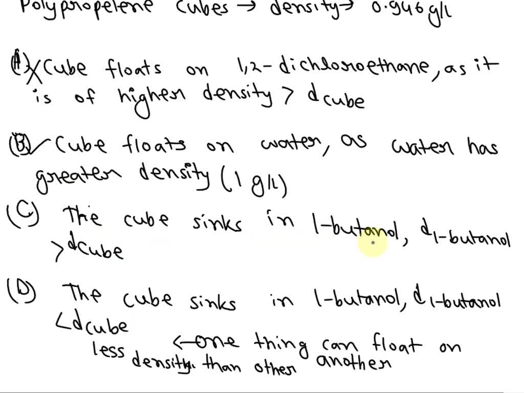 SOLVED: The polypropylene cubes have a density of 0.946 grams per milliliter. Identify the true ...