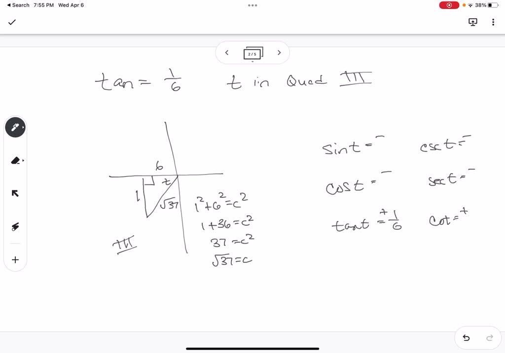 SOLVED: Find the values of the trigonometric functions of t from the given information. tan(t ...