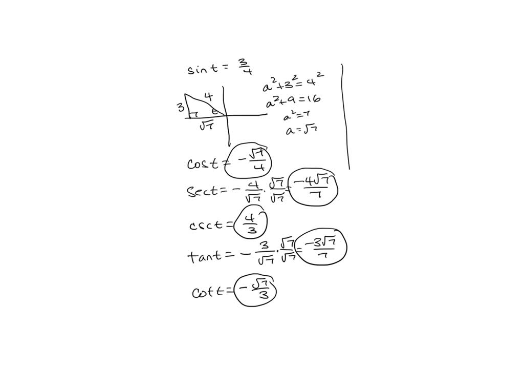 SOLVED: Trigonometric Functions If sin(t) = 3 and t is in quadrant II, find cos(t), sec(t), csc ...