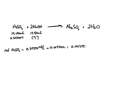 the exact neutralization of 1500 ml of 02500 m h2so4 aq requires 1950 ml of the naoh titrant a ...