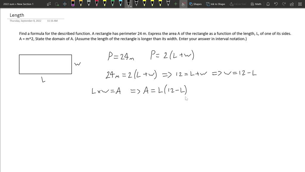Find a formula for the described function.A rectangle has perimeter 24 ...