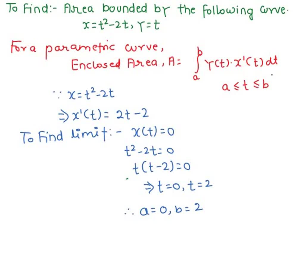 SOLVED: Find the area of the region bounded by the curve described by x = t^2 - 2t, y = t, and ...